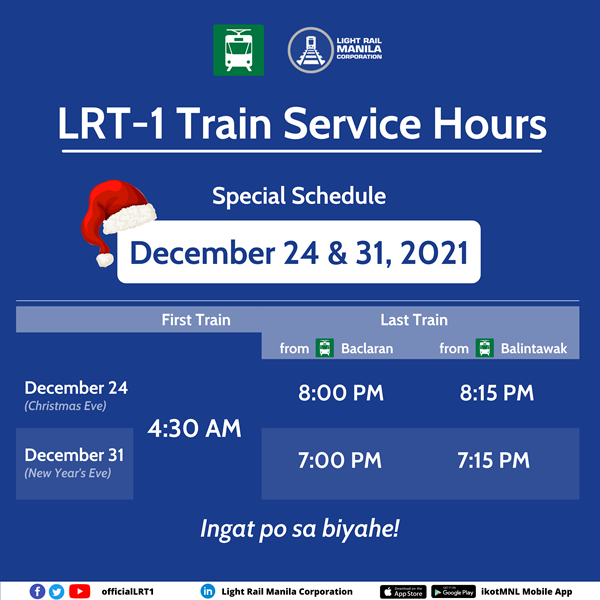 Shortened LRT-1 schedule for Christmas and New Year’s Eve – Frontpage PH