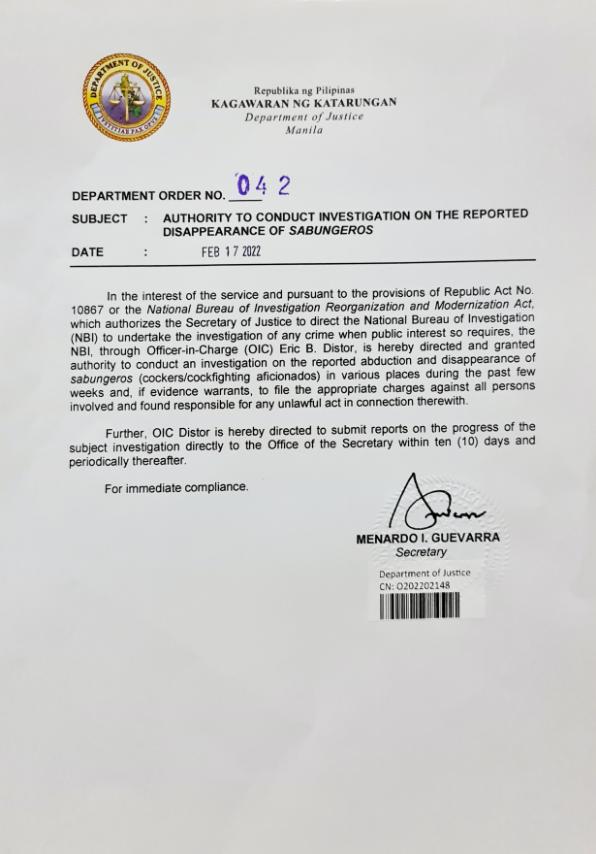 DOJ orders NBI to investigate the missing “sabungeros” case – Frontpage PH